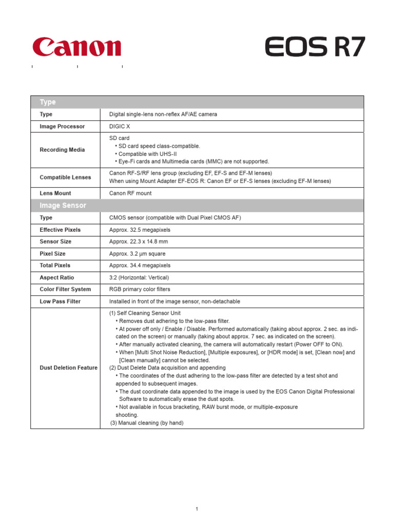 Eos r7 - Spec Sheet Eng | PDF