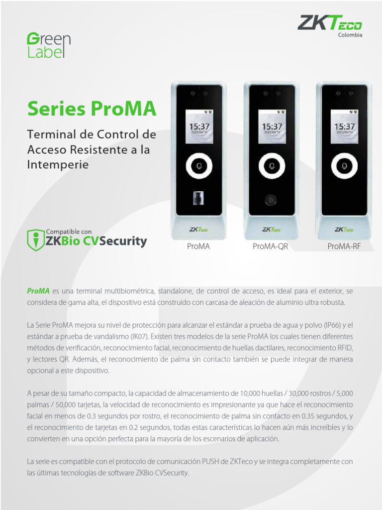 ZKTeco Colombia Datasheet Control de Acceso Serie ProMA | PDF