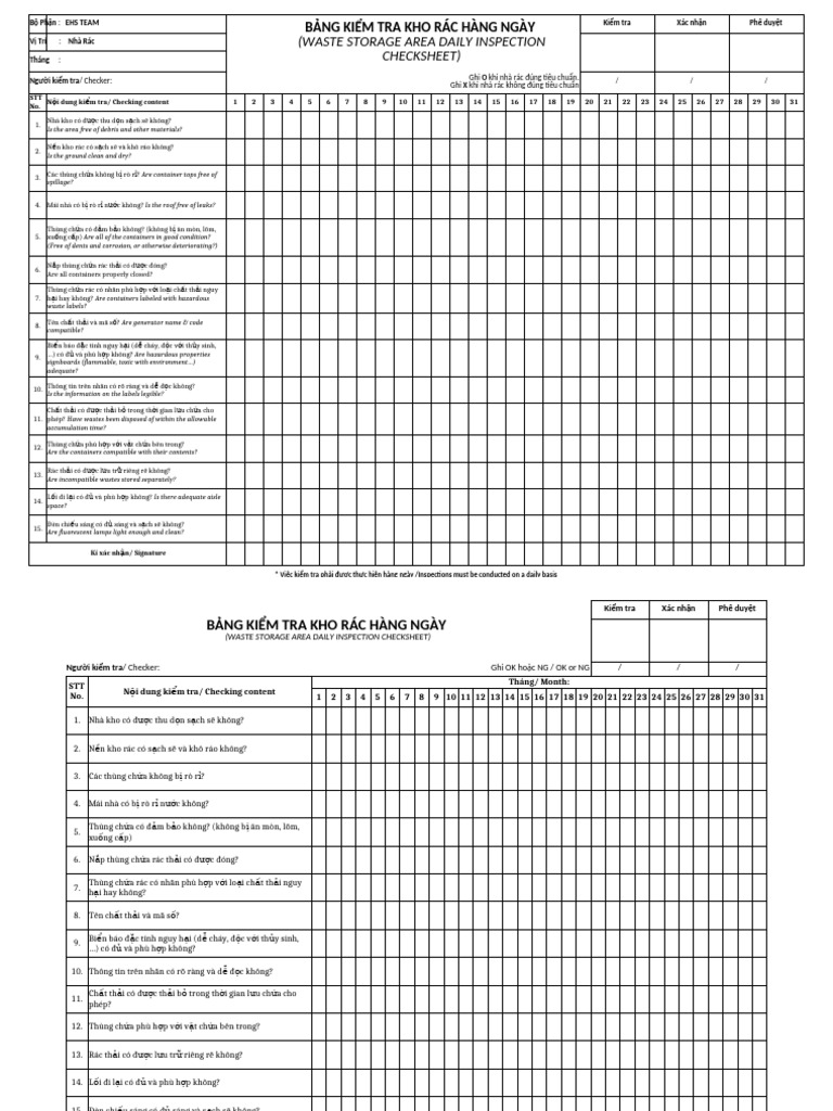 Check Sheet Nhà Rác | PDF