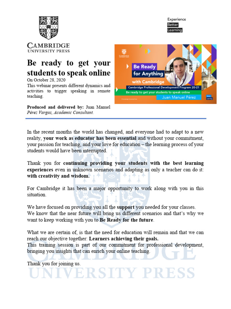 Be Ready To Get Your Students To Speak Online | PDF