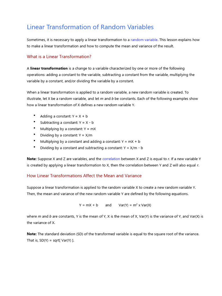 Linear Transformation in Statistics | PDF | Variance | Teaching Methods ...