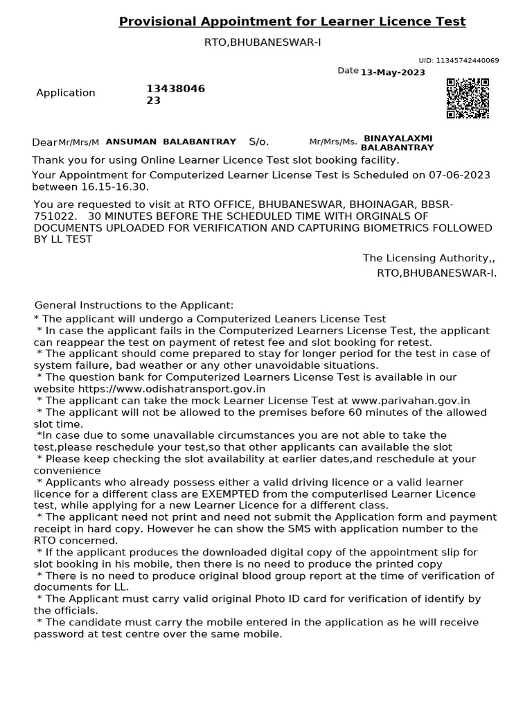 Provisional Appointment For Learner Licence Test | PDF