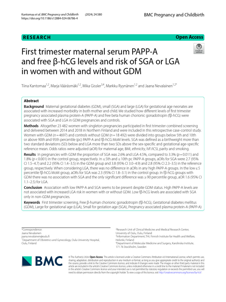First trimester maternal serum PAPP-A and free β-hCG levels and risk of ...