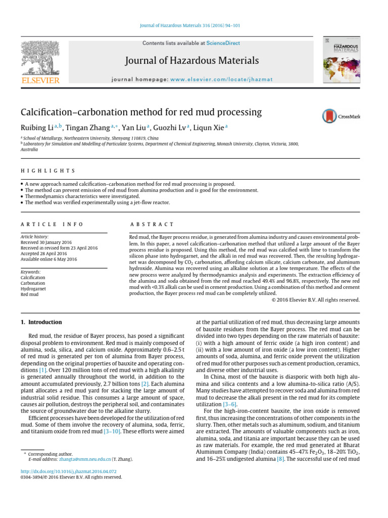 Calcification-Carbonation Method For Red Mud Processing - 1-S2.0-S0304389416304137-Main | PDF