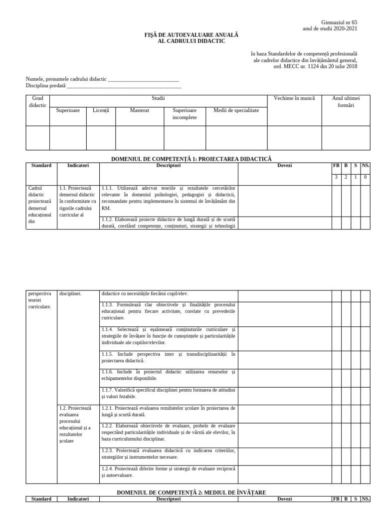 Fișa de Autoevaluare Prof | PDF