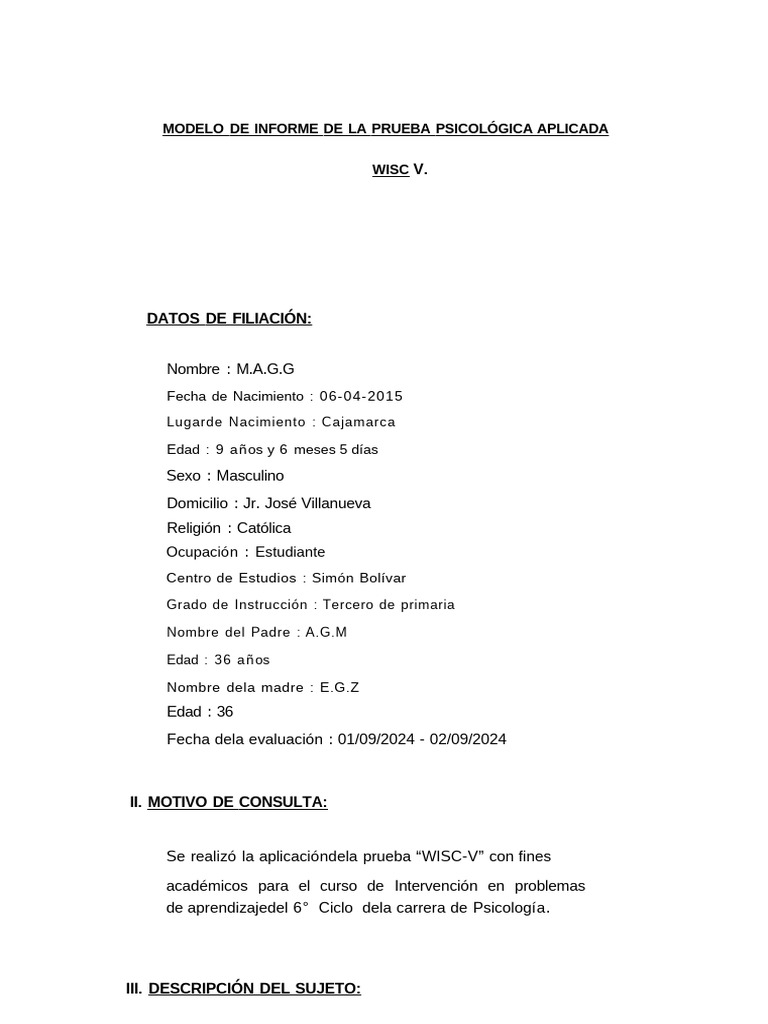 Informe Final Wisc V-Pruebas Psicologicas (M9 | PDF