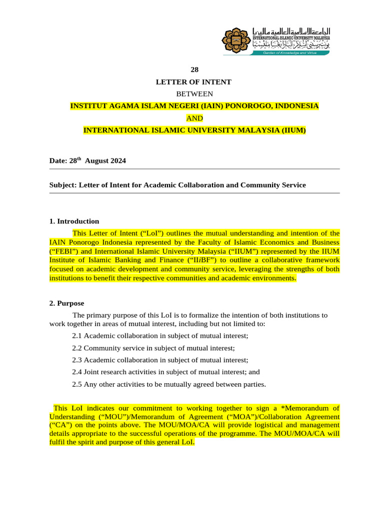 Letter of Intent FEBI Dan IIBF IIUM (REVISED) | PDF | Memorandum Of ...