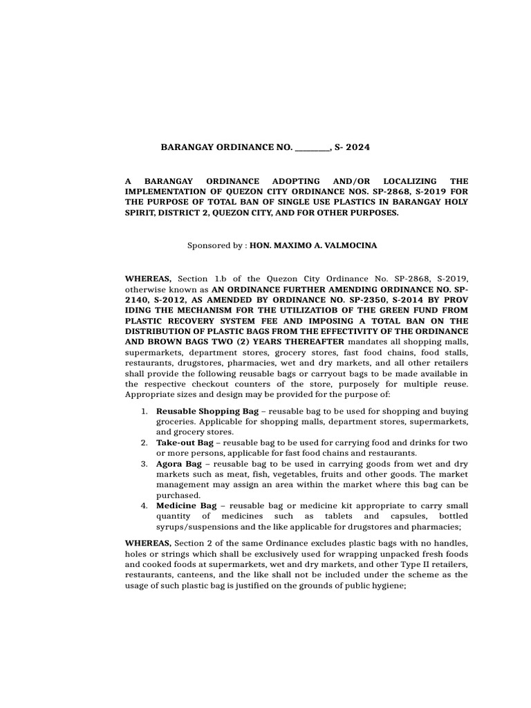 BARANGAY ORDINANCE NO_single use of plastic | PDF
