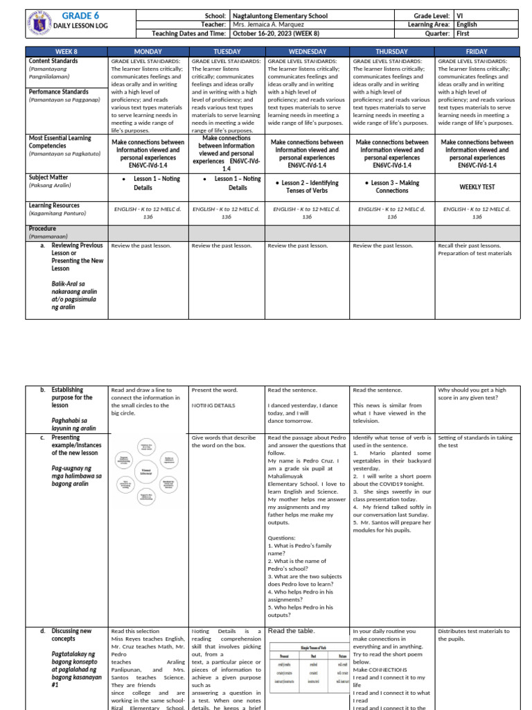 DLL ENG 6 WEEK 8 - Q1 by Teacher KJ VAL | PDF