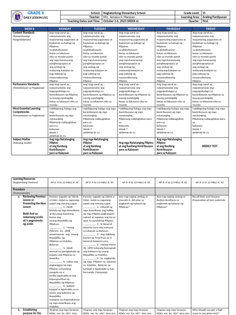 DLL - AP6 WEEK 8 - Q1 by Teacher KJ VAL | PDF