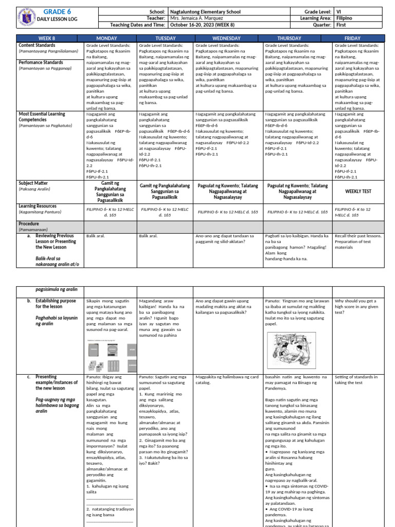 DLL - FILIPINO 6 WEEK 8 - Q1 by Teacher KJ VAL | PDF