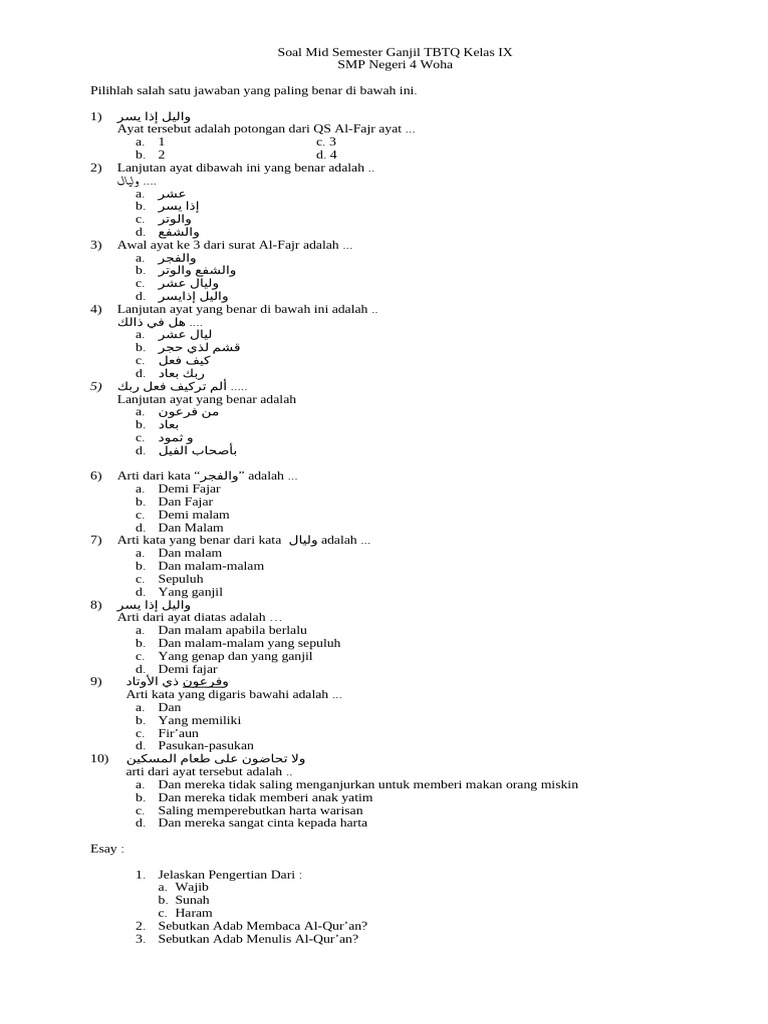 Soal Mid Semester Ganjil TBTQ Kelas IX | PDF