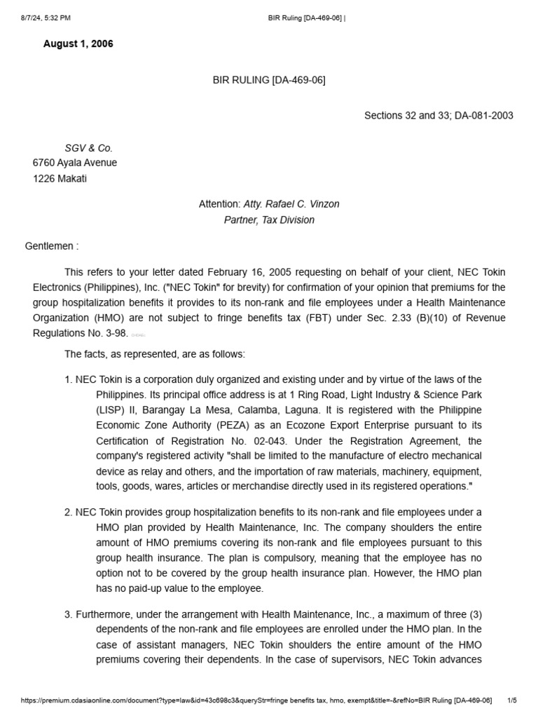 BIR Ruling (DA-469-06) | PDF