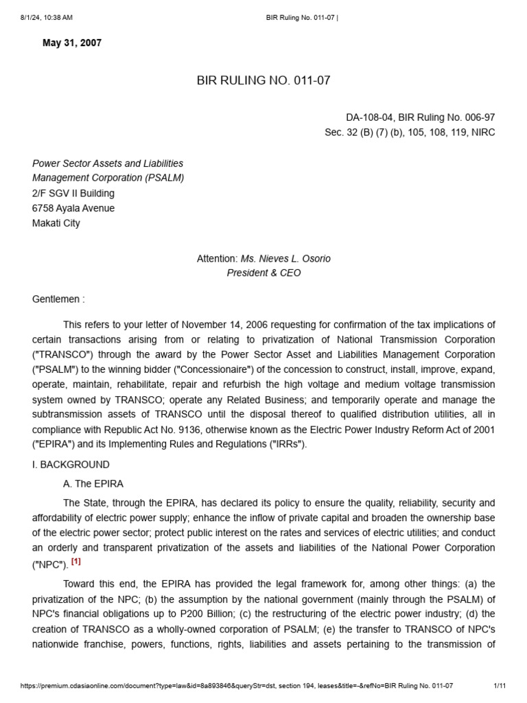 BIR Ruling No. 011-07 | PDF