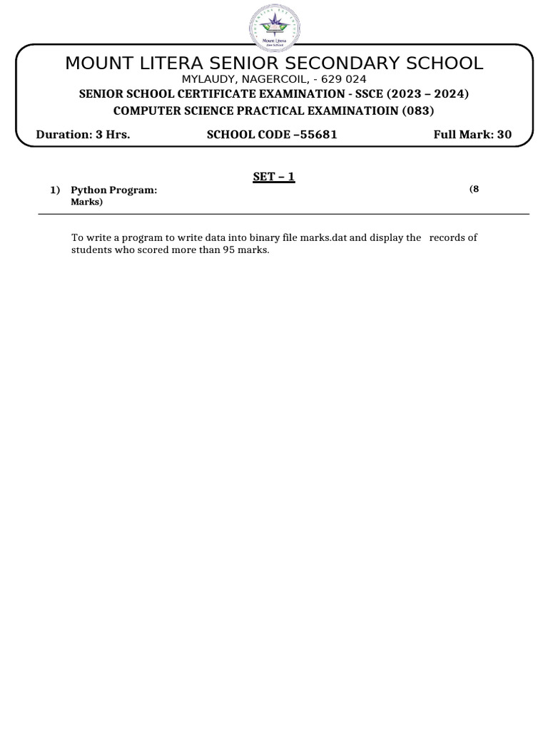 Practical Question Paper - 2023-24 | PDF