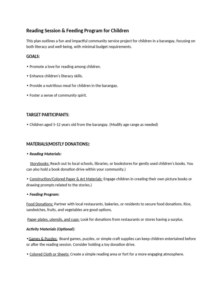 (PYAP) Reading and Feeding Program for Children [DETAILED PLAN] | PDF