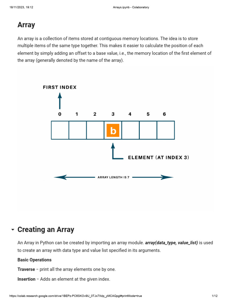Arrays - Ipynb - Colaboratory | PDF | Computer Data | Teaching Methods & Materials