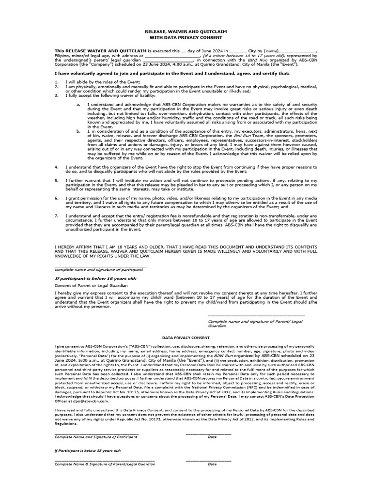 BINI Fun Run 2024 - Waiver - Ver2 - With Data Privacy Consent | PDF