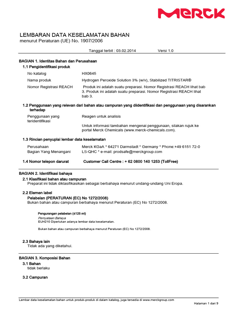 MSDS Hydrogen Peroxide 3% Bahasa | PDF
