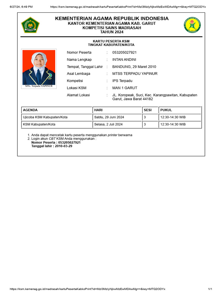 Kartu Peserta KSM INTAN ANDINI | PDF