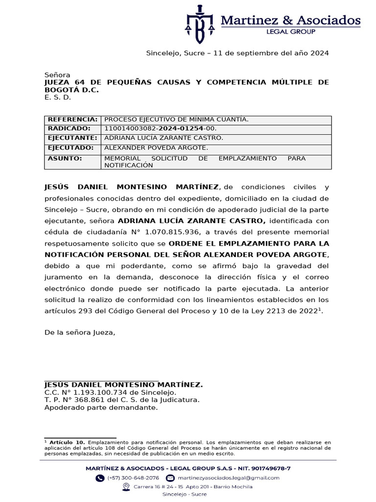 Memorial Solicitud Emplazamiento - 2024-01254 | PDF