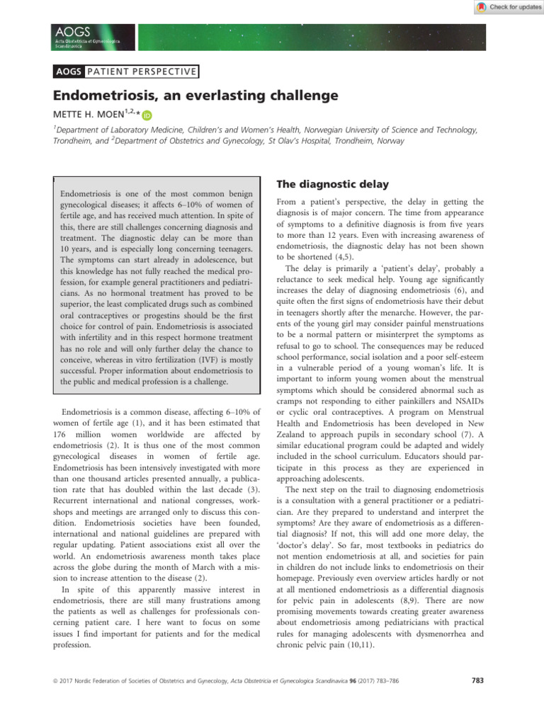 Acta Obstet Gynecol Scand - 2017 - Moen - Endometriosis an everlasting challenge | PDF
