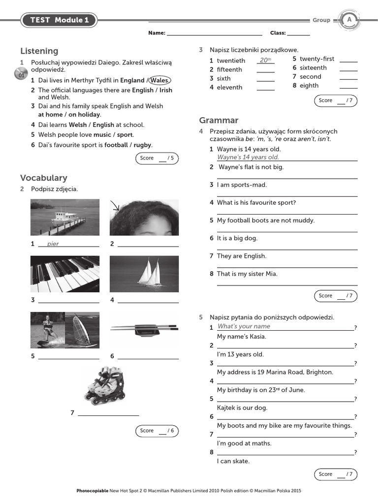 New Hot Spot Klasa5 Module 1 Test A | PDF