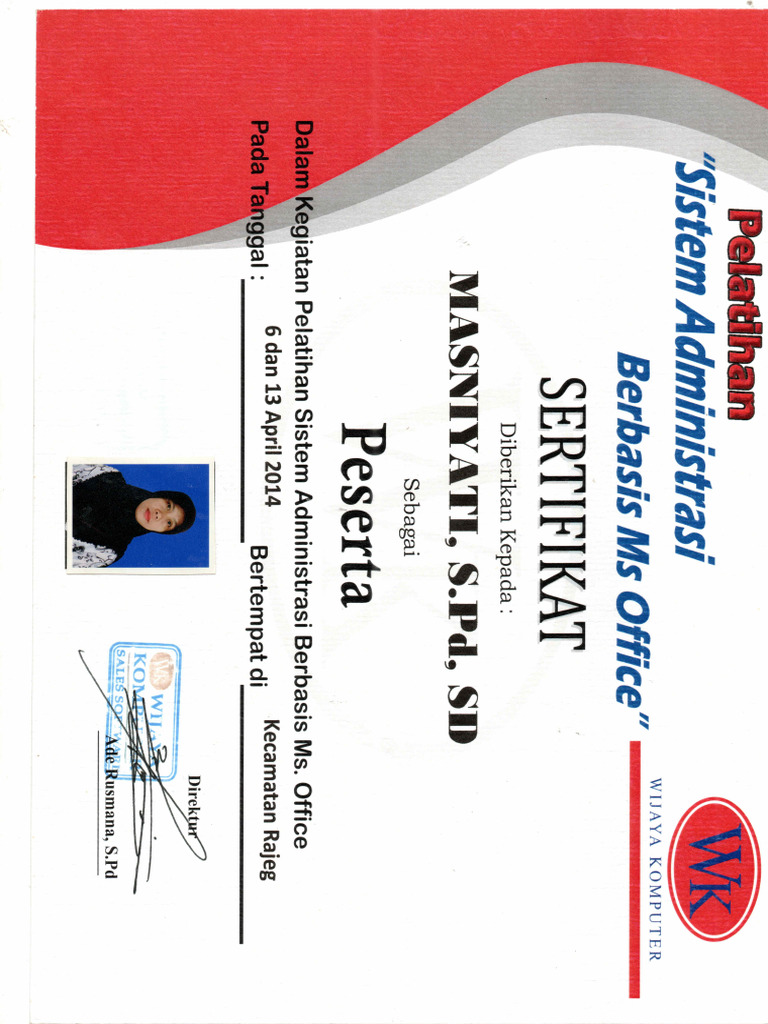 Sertifikat Pelatihan Sestem Adminitrasi | PDF