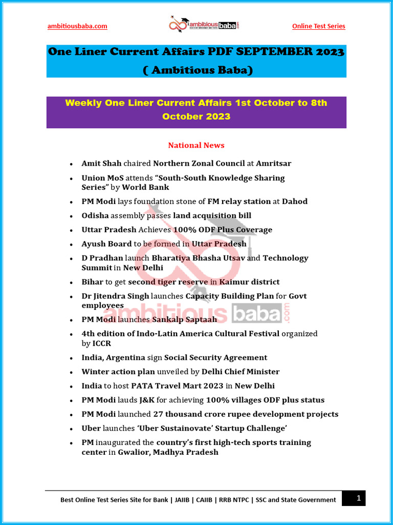 One Liners PDF Oct 2023 Ambititious - Baba | PDF | Narendra Modi