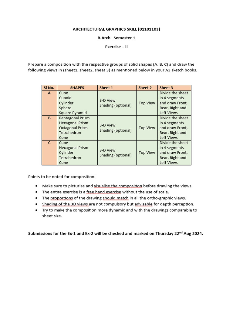 Architectural Graphics Skill (01101103) B.Arch Semester 1 Exercise - LL | PDF