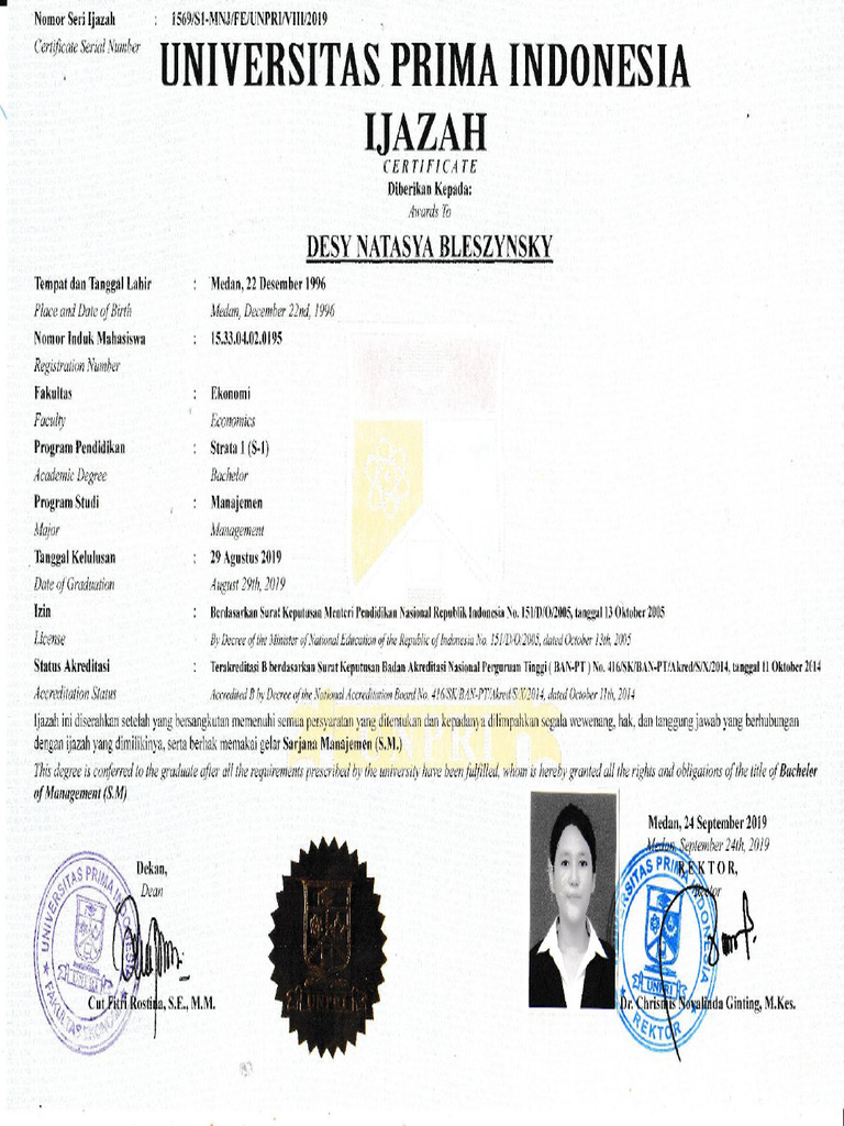 Ijazah Dan Transkrip Nilai Bleszynskydesy | PDF