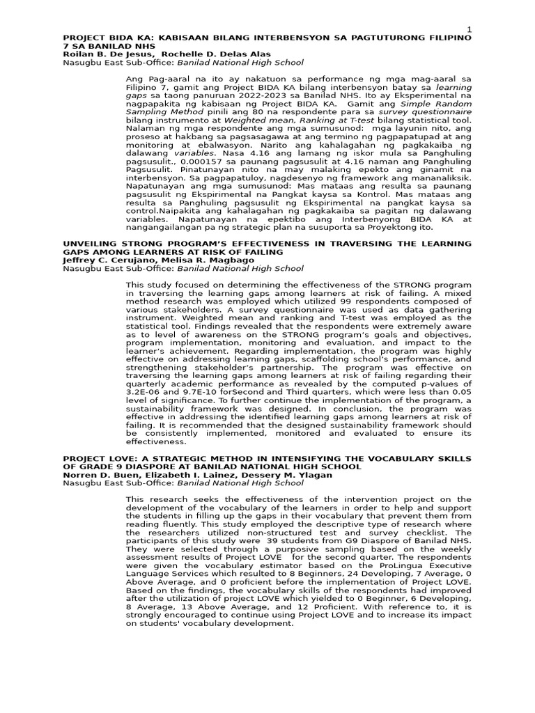 Nasugbu East Secondary-Abstracts | PDF | Survey Methodology | Self-Improvement