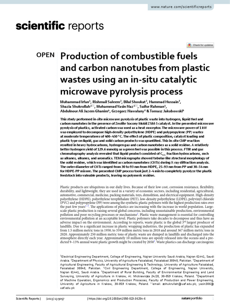 Production of Combustible Fuels and Carbon Nanotubes From Plastic ...