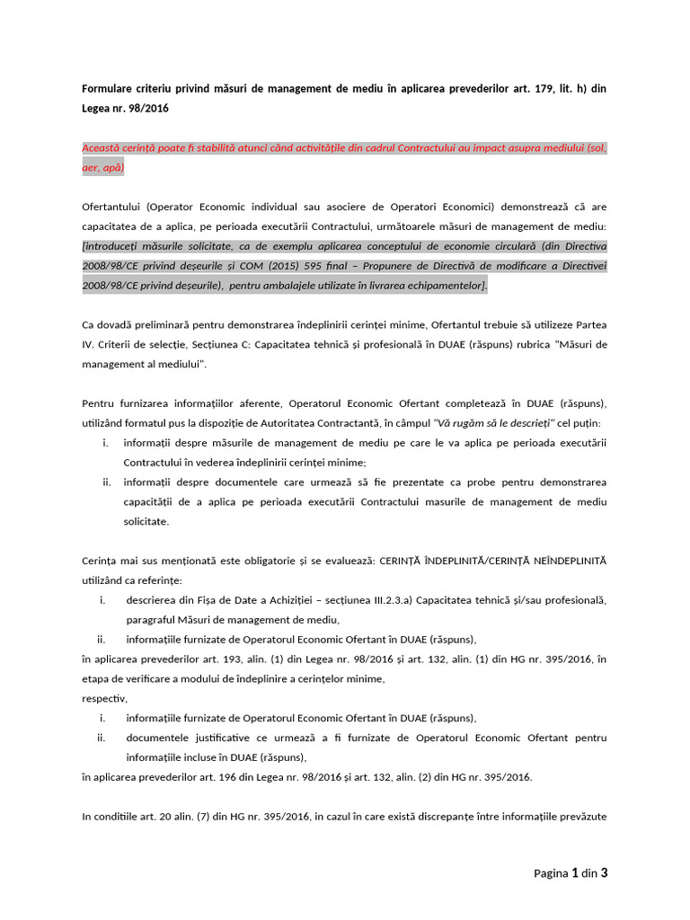 DA Produse - 7. Formulare Cerinta Minima - Masuri de Management de Mediu | PDF