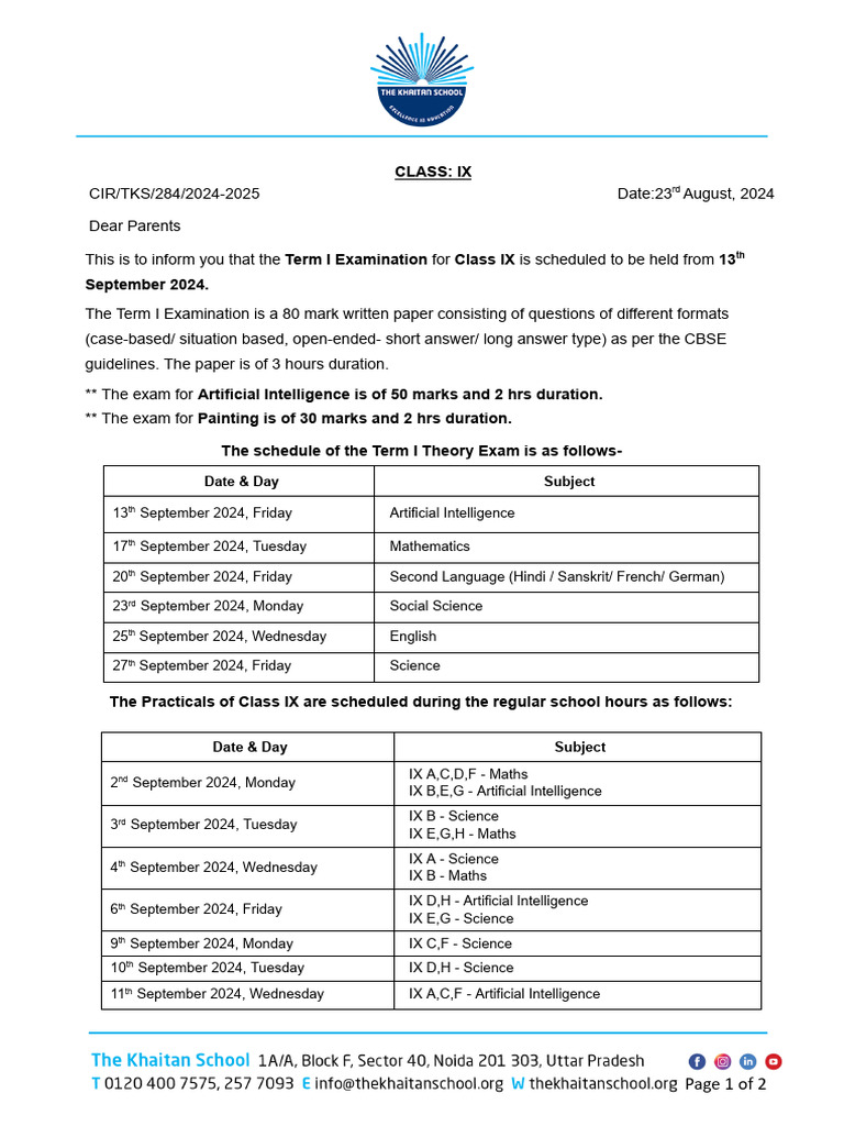 Date Sheet Term 1 | PDF