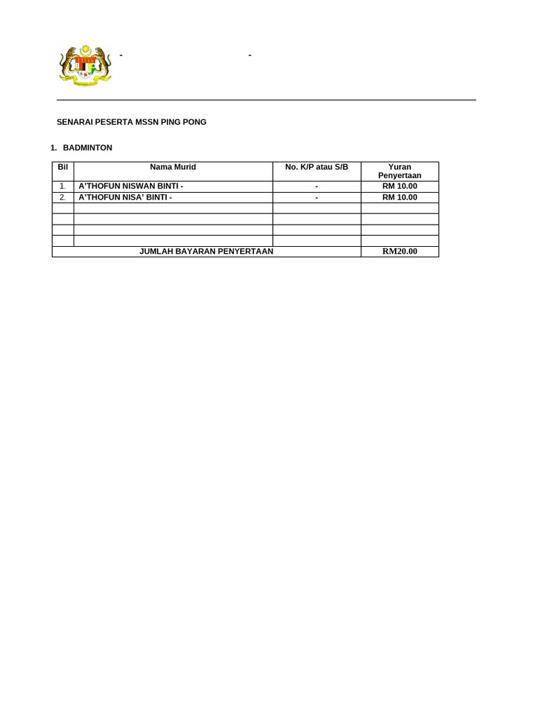 Penyertaan MSSN Pingpong | PDF