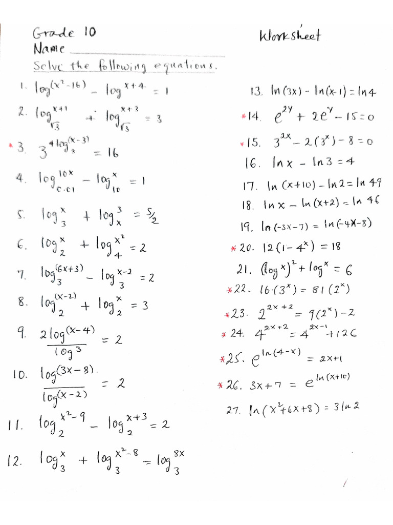 Worksheet On Exponential and Logarithmic Equations | PDF