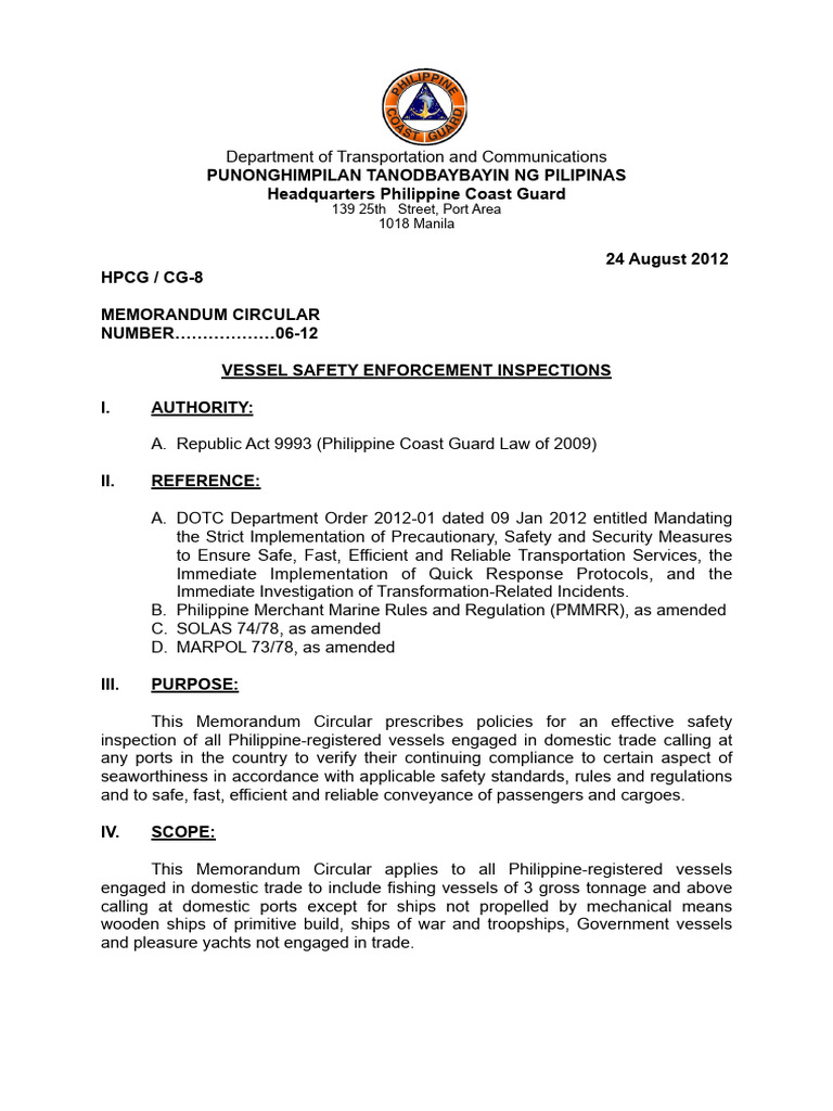 MC06-12 Vessel Safety Enforcement Inspections | PDF | Ships | Safety