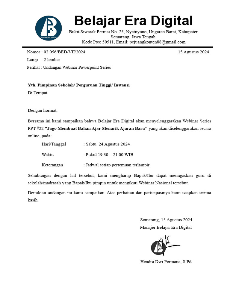 Surat Undangan Webinar PPT #22 | PDF