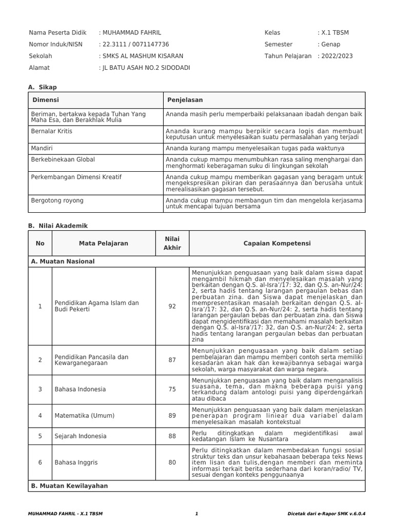 Rapor Muhammad Fahril - x.1 TBSM | PDF