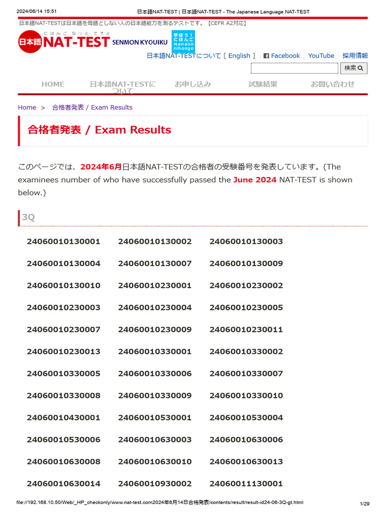合格者発表 / Exam Results: Home ⽇本語NAT-TESTに ついて お申し込み 試験結果 お問い合わせ | PDF