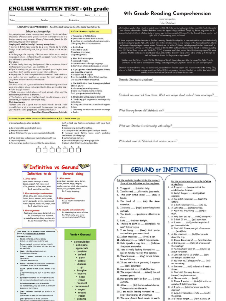 grade 9 reading comprehension and gerund | PDF