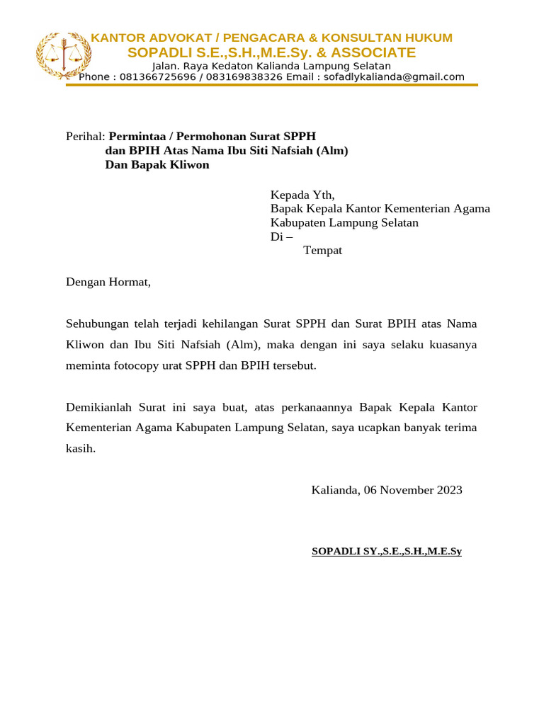 Surat Permohonan SPPH Dan Bpih Kantor Hukum | PDF