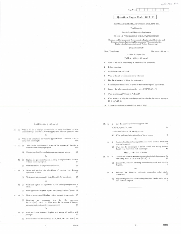 CS3353 - C Programming and Data Structures - R2021 - 2023 April | PDF