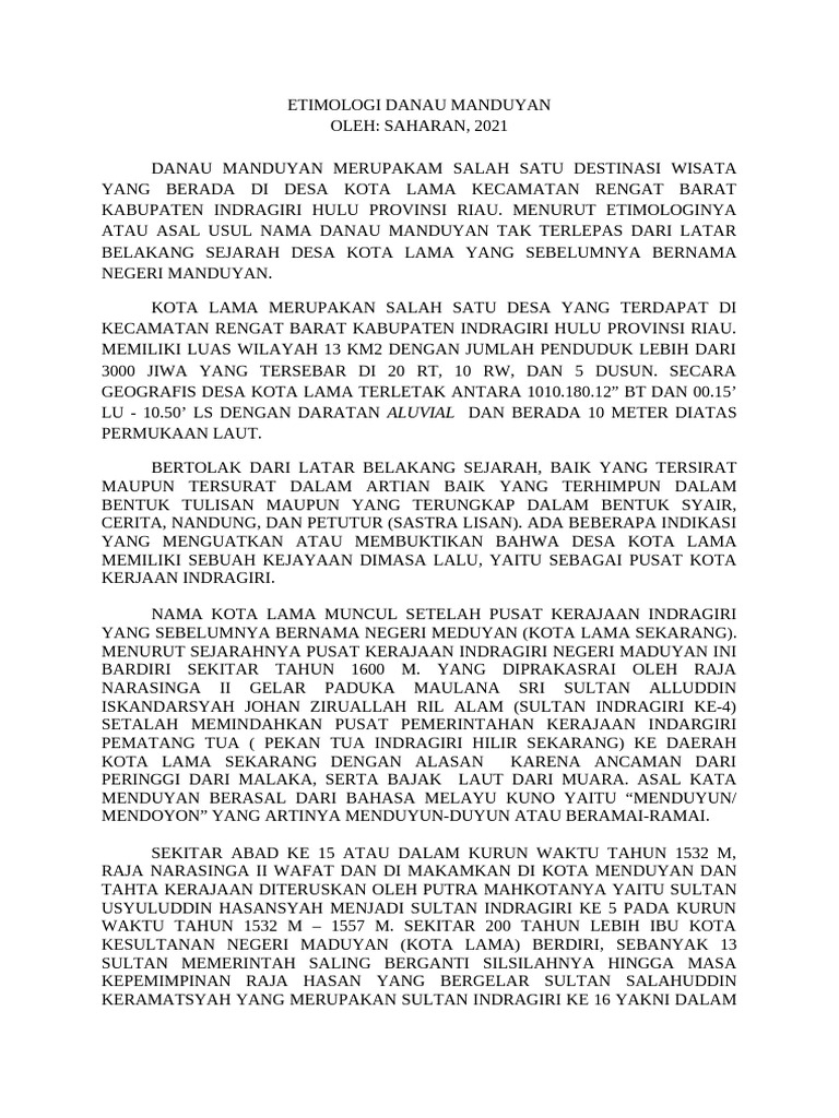 Etimologi Danau Menduyan | PDF