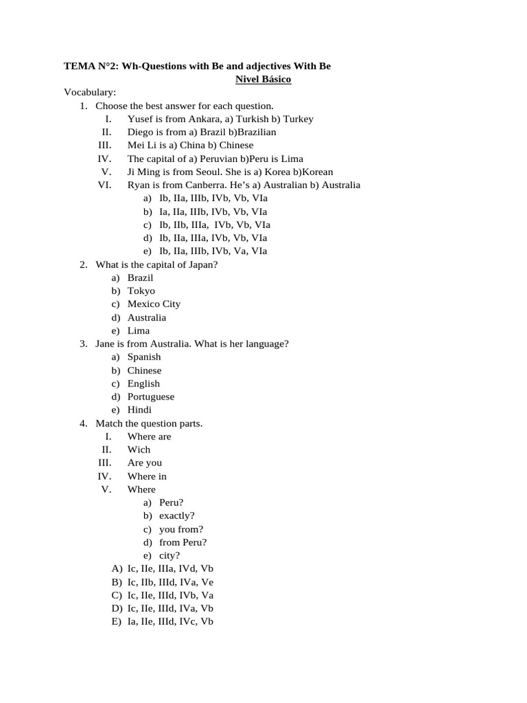 TEMA N°2 - Wh-Questions With Be and Adjectives With Be (INGLÉS) | PDF