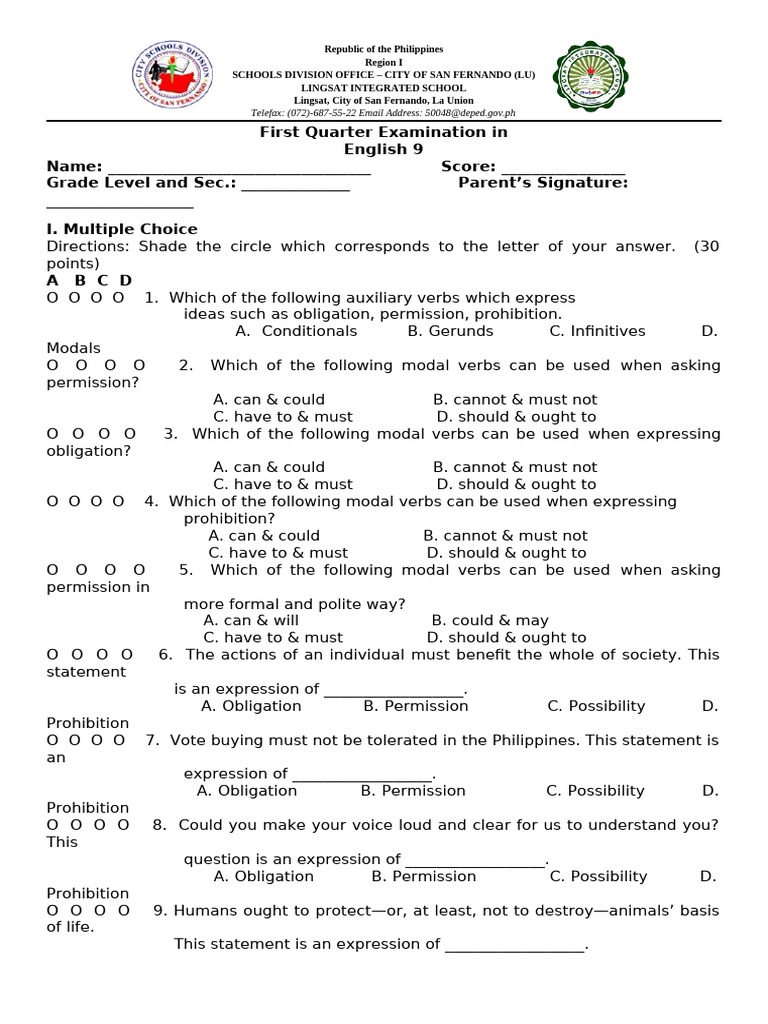 1st Quarter Exam 2023-2024 | PDF