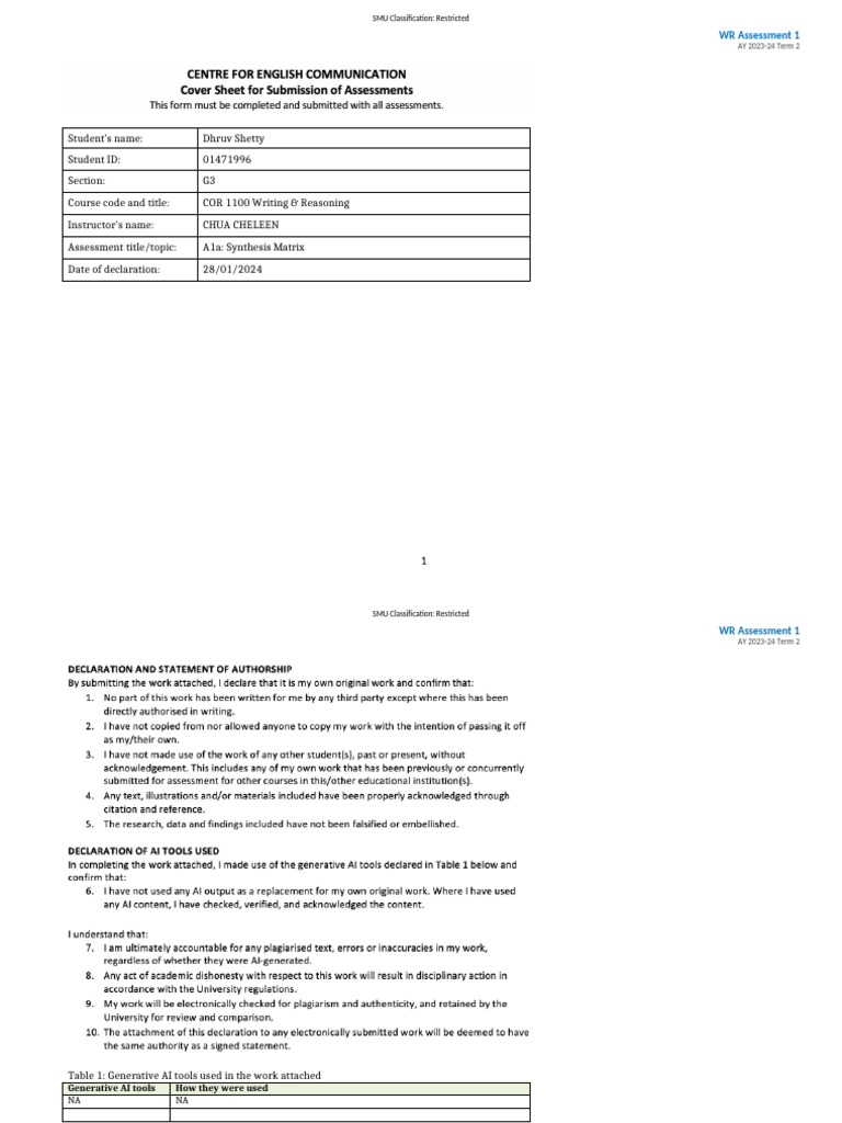 WR A1a Synthesis Matrix Template | PDF