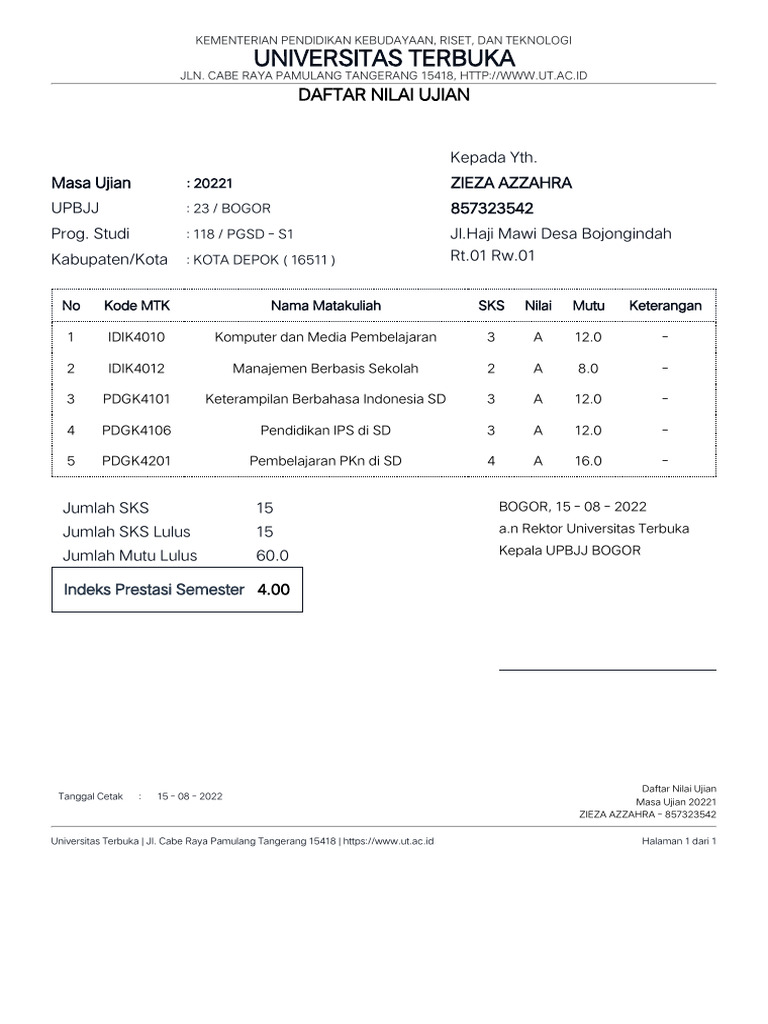 Daftar Nilai Ujian 20221 | PDF