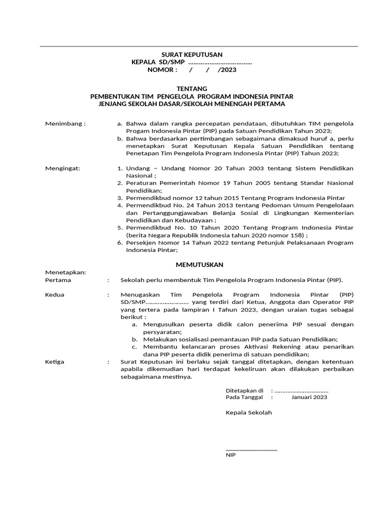 SK TIM PIP SATUAN PENDIDIKAN 2023 | PDF